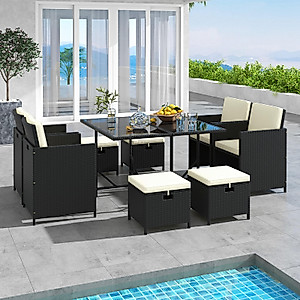 Tangkula 9 Pieces Outdoor Dining Furniture Set, Space-Saving Wicker Rattan Chairs & Tempered Glass Table with Ottomans, Cushioned Seat, Patio Conversation Set for Garden Yard Poolside (White)