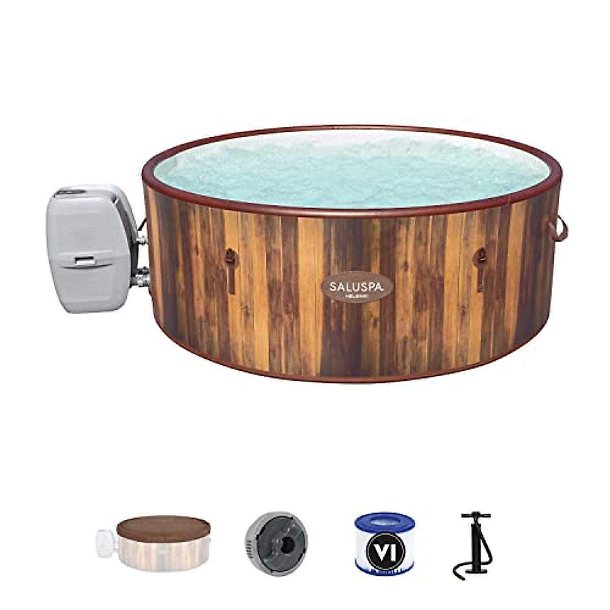 Bestway Helsinki SaluSpa 7 Person Inflatable Outdoor Hot Tub Spa with 180 Soothing AirJets, Filter Cartridges, Pump, and Insulated Cover, Brown Wood