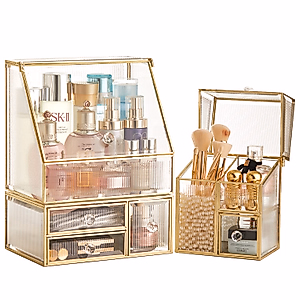 Stackable 3Pieces Drawer Set Glass Makeup Organizer Antique Countertop Vanity Cosmetic Storage Box Mirror Glass Beauty Display, Holder for Brushes Lipsticks Skincare Toner with free Pearl (Gold)