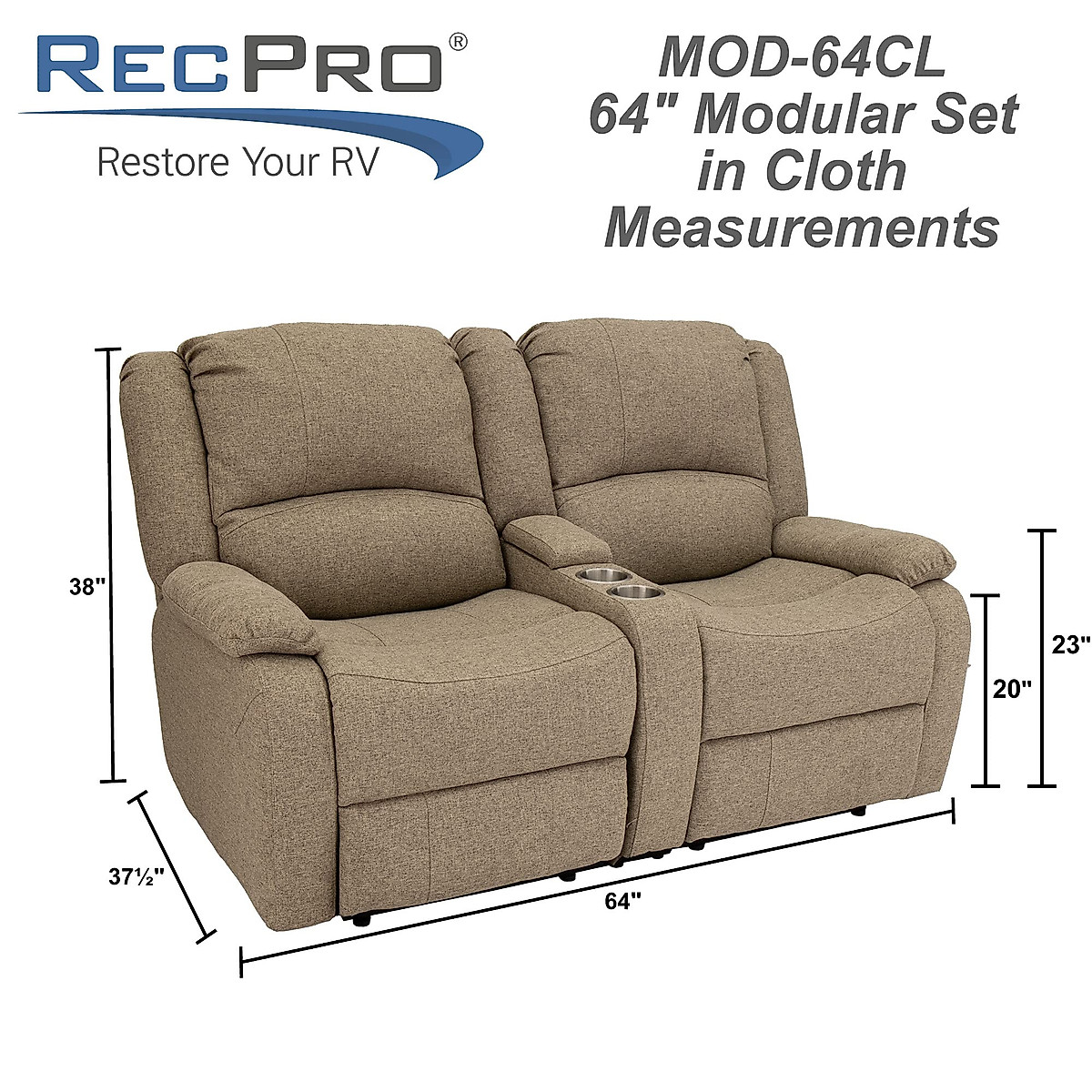 RecPro Charles 64" Double Recliner RV Sofa with Console and Cupholders | Zero Wall Loveseat for Camper | Wall Hugger Couch | Fifth Wheel Theater Seating | Replacement RV Furniture | Oatmeal Cloth
