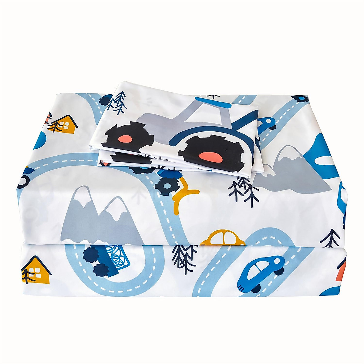 RYNGHIPY Kids Twin Bed Sheets: Cars Print Sheets Set for Boys - Breathable Wrinkle Free Microfiber Flat Sheet Fitted Sheet and Pillowcase (White,Twin)