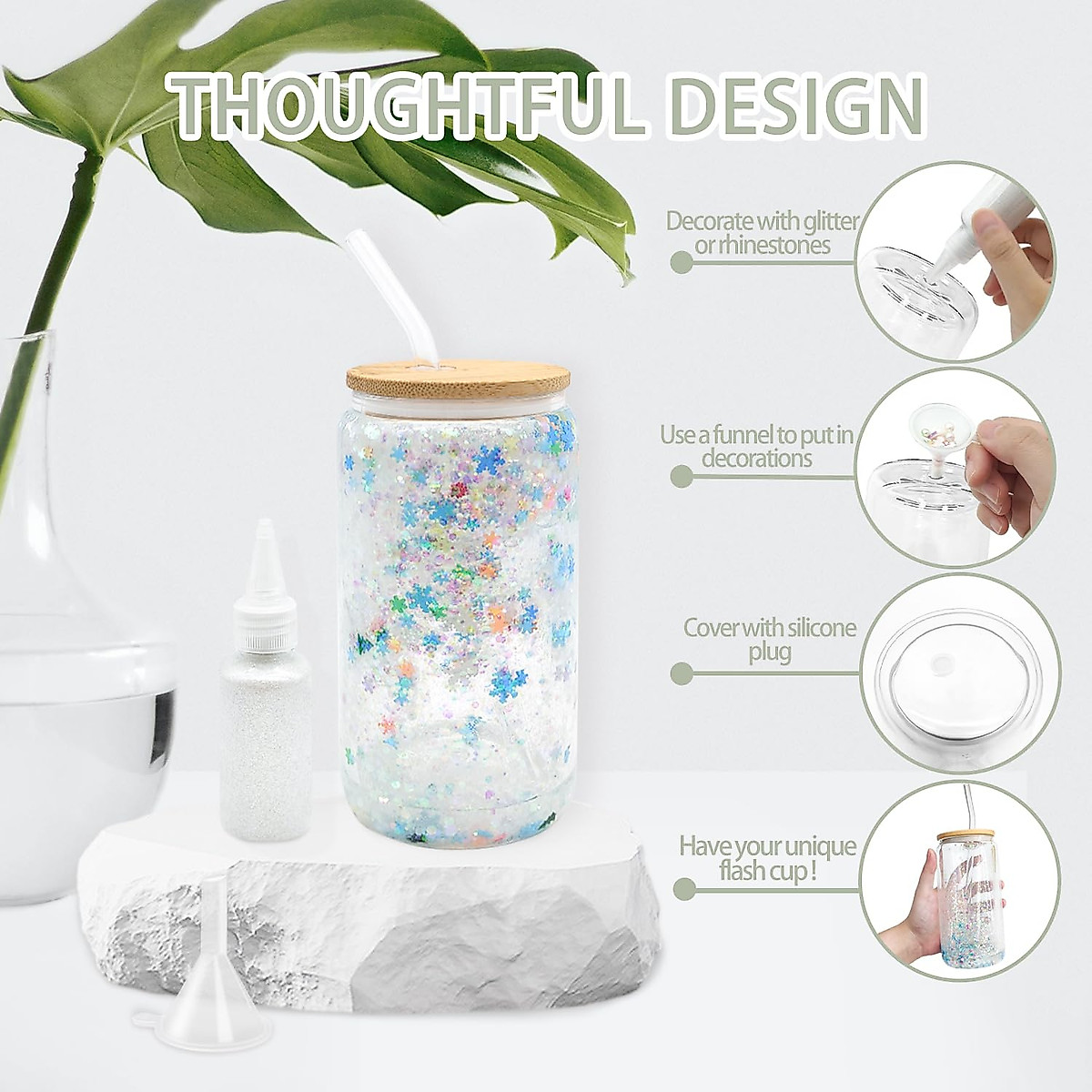 WHEATHUSK 8 Pack Pre Drilled Double Wall Beer Glass Can Shaped Blank Tumblers with Rubber Stopper & Funnel Bamboo Lid & Glass Straws for Snow Globe Glitter DIY 12oz