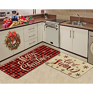 Merry Christmas Kitchen Rugs Set of 2 Black Red Buffalo Plaid Farmhouse Decorative Rubber Backing Xmas Holiday Floor Mat Anti-slip Let It Snow Decorations for Indoor Outdoor Home 17x28 and 17x47 Inch