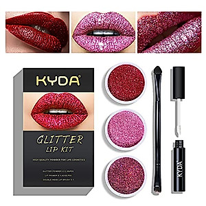 KYDA 3 Colors Glitter Lip Kit, Diamond Metllic High Pigmented Powder for Lips Cosmetics, Glitter Lips Makeup,with Lip Primer and Brush, Long Wear-Set A
