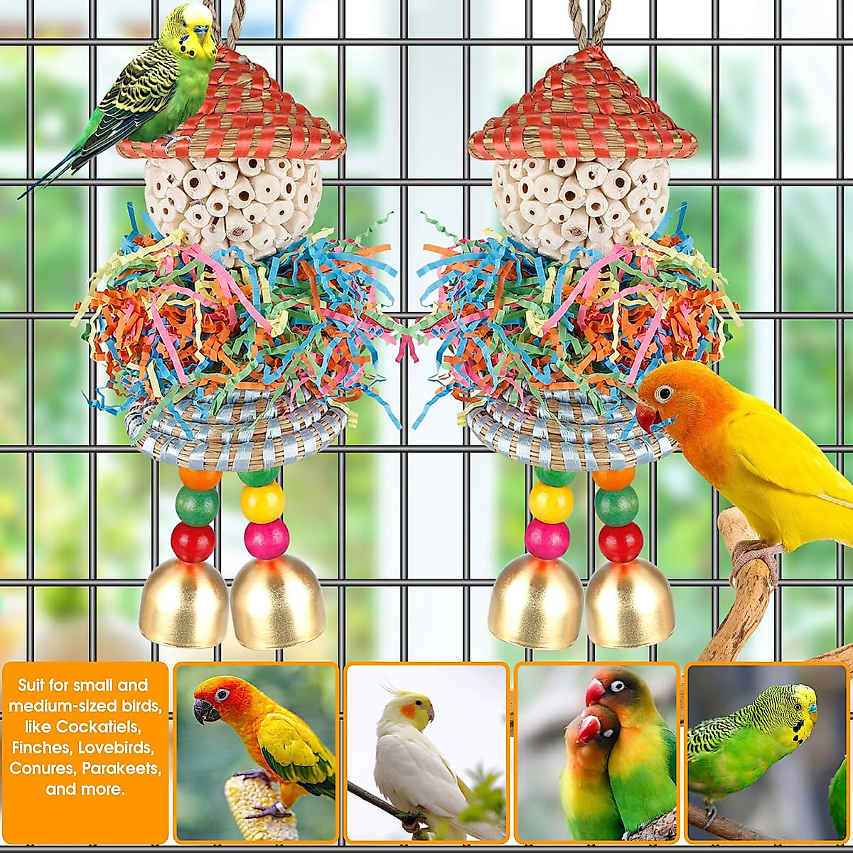 BBjinronjy Conure Toys,2PCS Bird Toys Parrot Foraging Shredder Hanging Toys Sola Balls with Bell for Small Parrots Parakeets Cockatiel Conures Love Birds Budgie Cage Toy