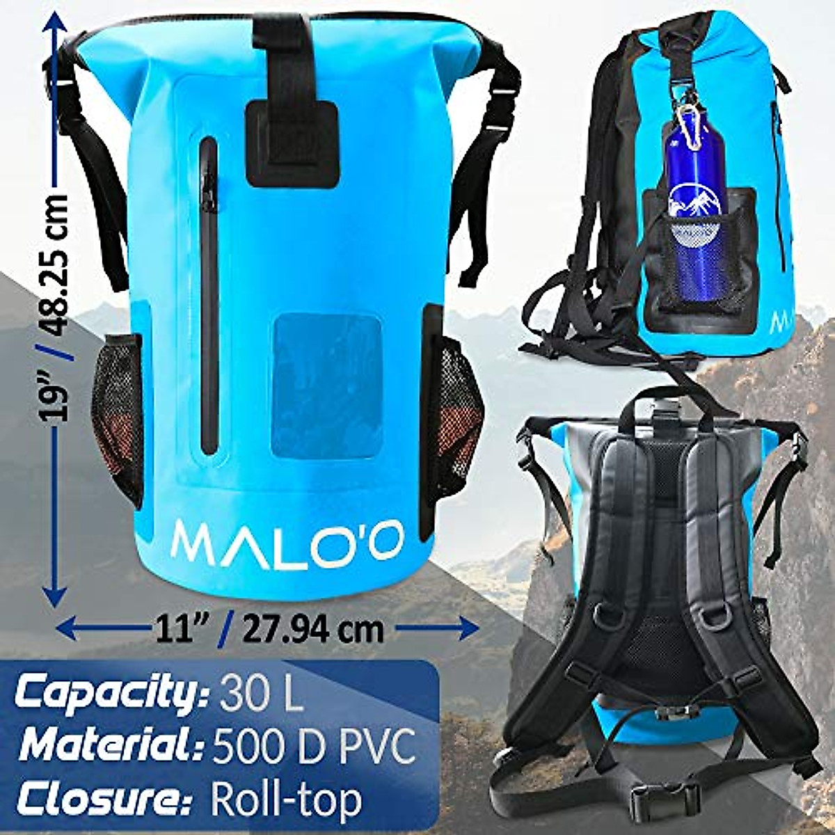 Malo’o Waterproof Heavy Duty Backpack - 30L - Roll-Top Dry Bag - Beach Bag - Backpacking Bag - Fishing Bag-Kayaking Bag