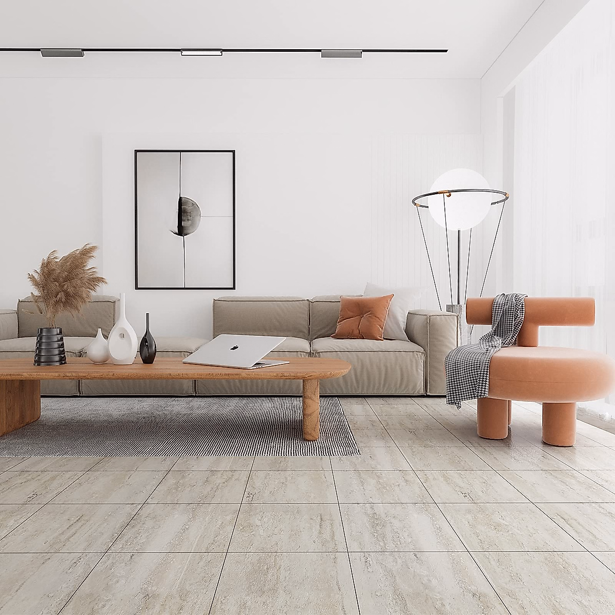 VEELIKE Travertine Peel and Stick Floor Tile - Waterproof Beige Vinyl 12''x12'' 4 Pack - Marble Stick-On Laminate for Bathroom Kitchen - Adhesive Temporary Flooring for Renters