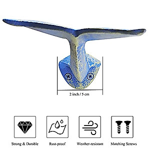 Set of 2 Cast Iron Wall Hook-Unique Whale Tail Shape (Gold & Blue Finish)