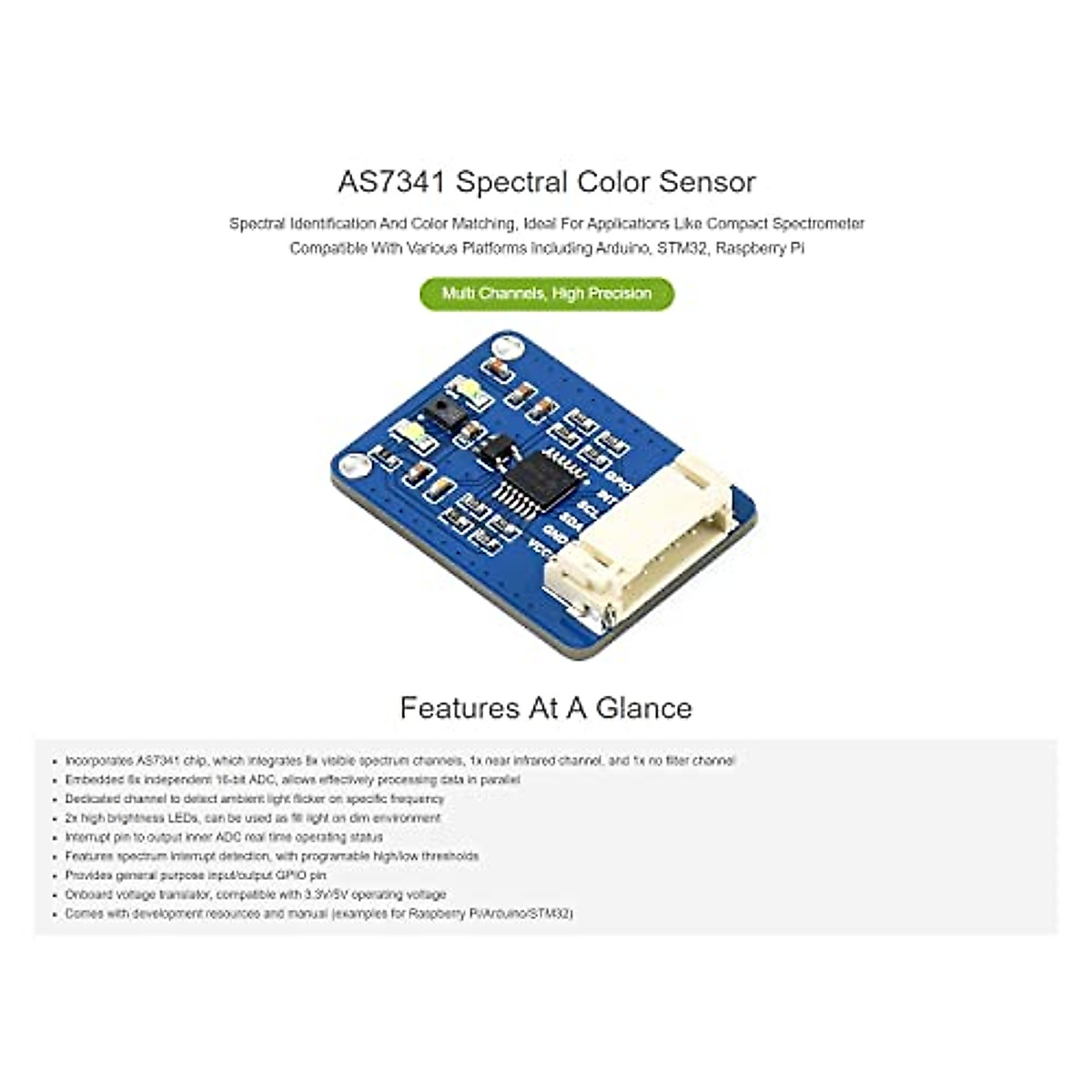 Waveshare AS7341 Spectral Color Sensor Visible Spectrum Sensor High Precision I2C Bus Compatible with Raspberry Pi 5/4B/3B/Zero/Zero W/Zero 2W/Pico/Pico W/Pico WH
