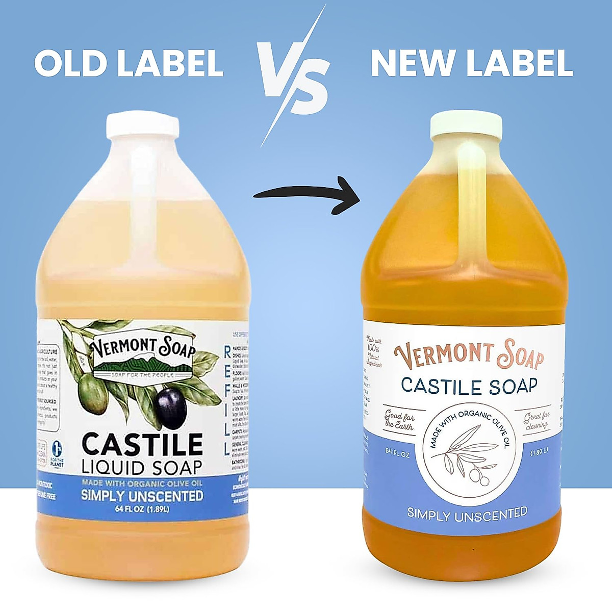 Vermont Castile Soap Unscented, Gentle Liquid Soap for Sensitive Skin & Natural Body Wash, Organic Hair Shampoo for Oily Hair, Aloe Castile Soap for Men & Women - 64 Oz