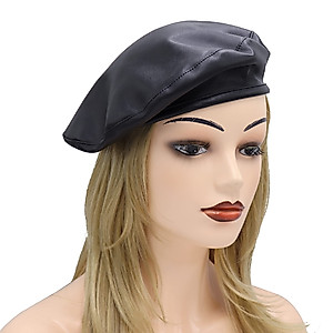 Womens Classic Pu Leather French Beret Hat (Black)
