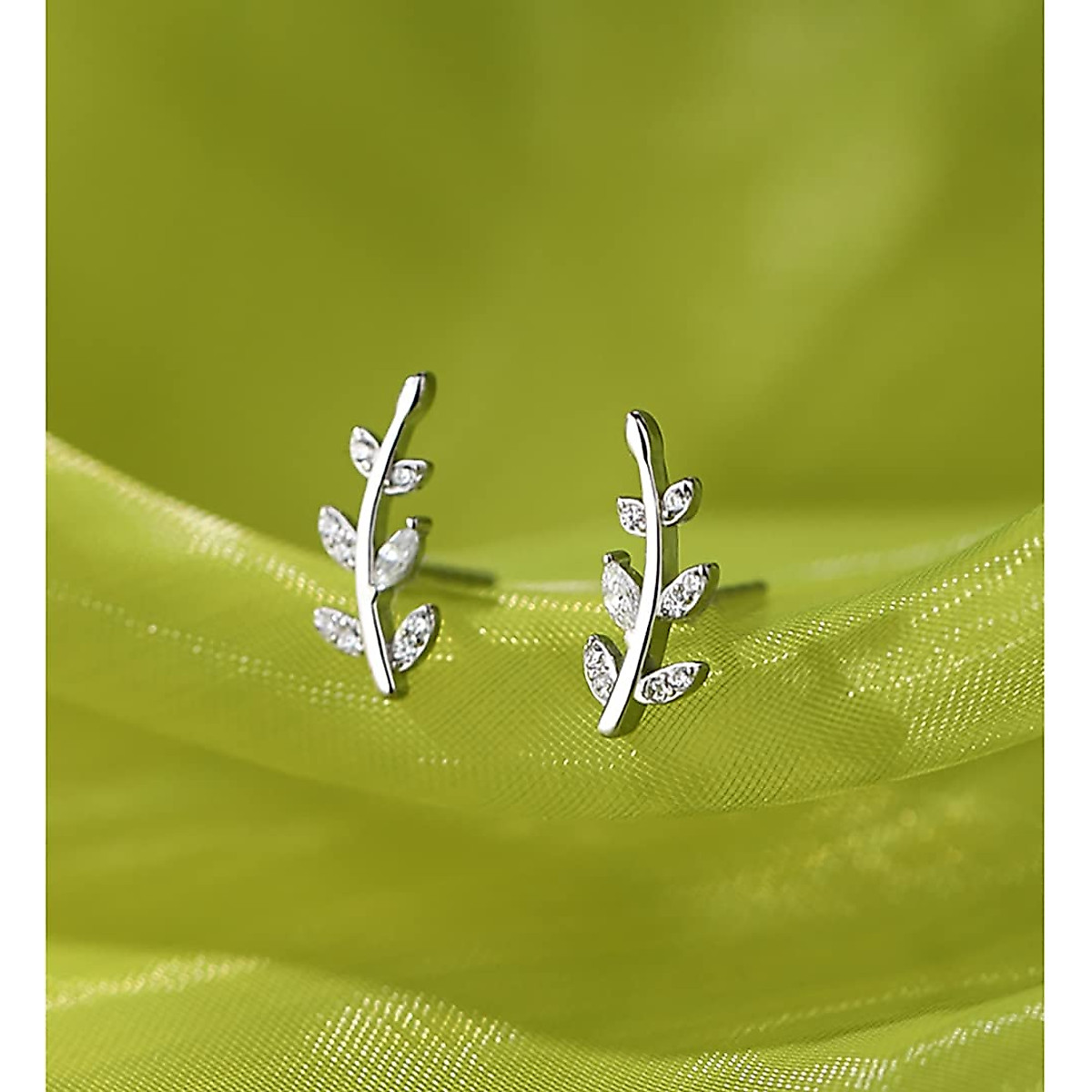 Reffeer Solid 925 Sterling Silver Leaf Crawler Stud Earrings for Women Teen Girls Crystal Leaf Stud Earrings (A-Silver)