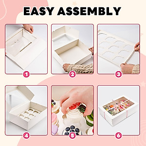 NPLUX Cupcake Boxes 6 Packs,White Dozen Cupcake Containers with Window Fit 12 Cupcakes or Muffins with Ribbon