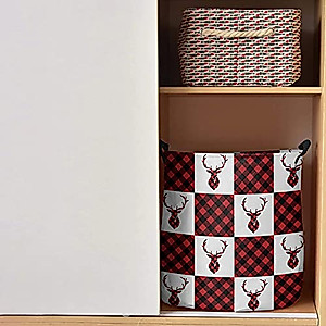 Laundry Basket Christmas Elk Red Buffalo Lattice,Waterproof Collapsible Clothes Hamper Antlers Black Plaid,Large Storage Bag for Bedroom Bathroom 60L