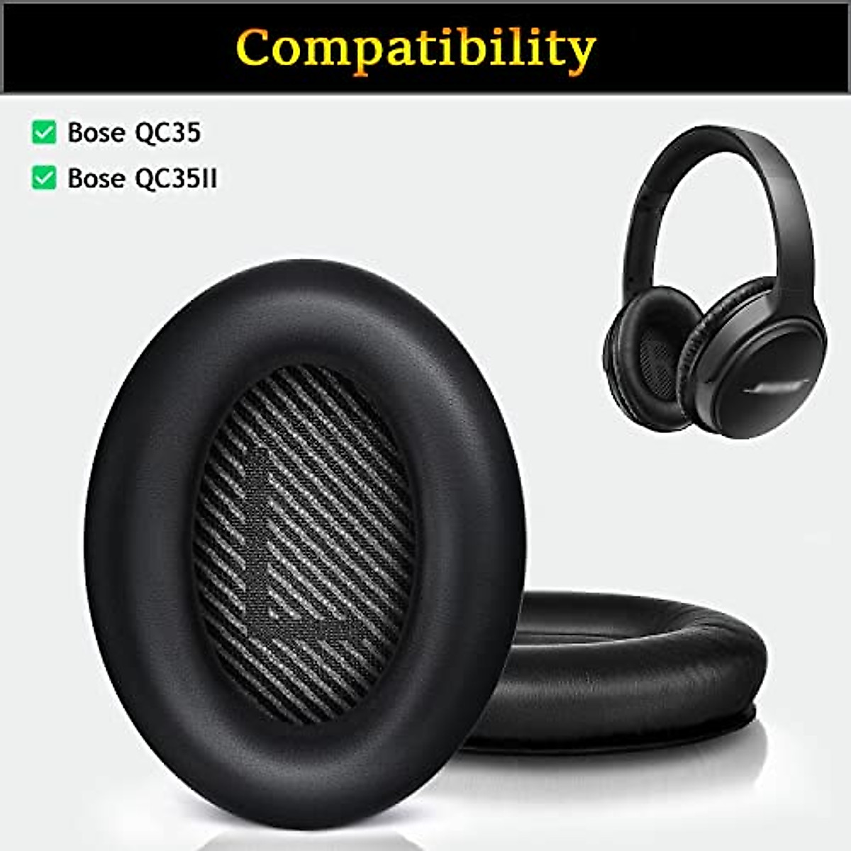 BINGLE Upgraded QC35 Replacement Ear Pads for Bose & Sound Insulation Bose Quietcomfort 35 ii Replacement Earpads, Added Thickness QC35 Replacement Pads with Soft Leather, Memory Foam Black