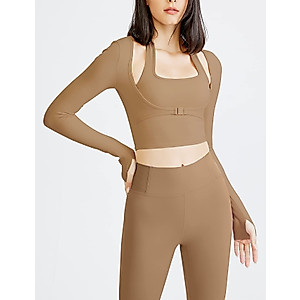COZYPOIN Women Yoga Bra Long Sleeve Cropped Athletic Shirts Workout Tops Gym Cutout Sports Tees with Built(Coffee-S)