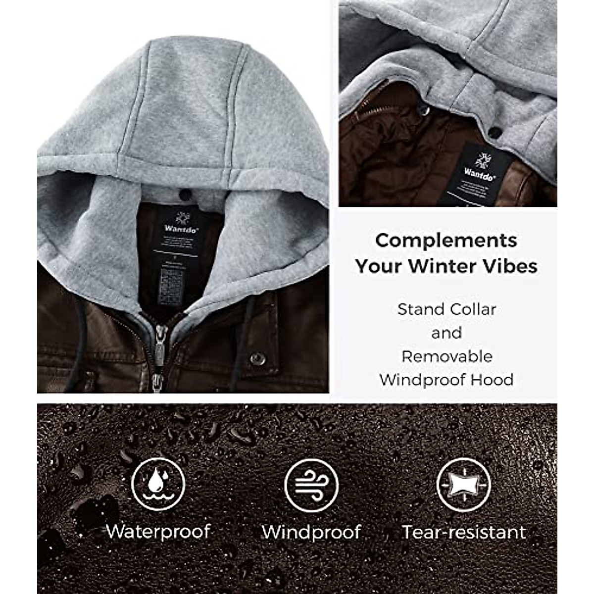 wantdo Men's Faux Leather Jacket Warm Winter Leather Coat with Removable Hood Dark Brown L