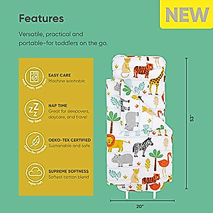 Bloomsbury Mill - Safari Adventure - Jungle Animals - Super Soft Toddler Nap Mat - includes Pillow, Mat and Blanket - Ideal Gift & Sleep Bag for Kindergarten and Pre-School - 20" x 53"