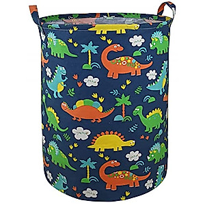 ACMUUNI Round Canvas Clothes Basket Laundry Hamper dark blue dinosaur