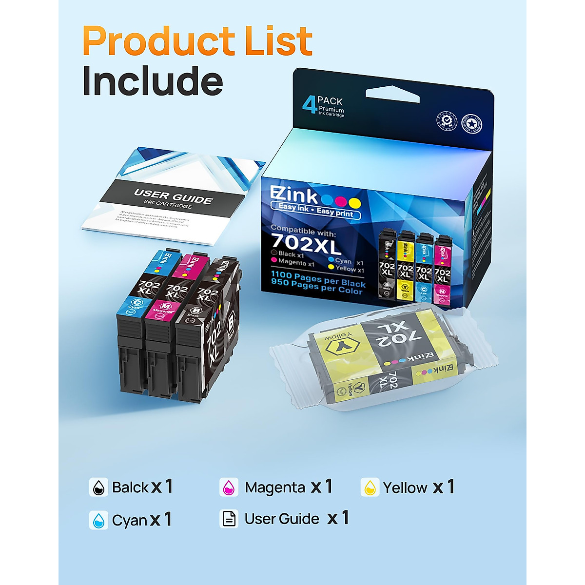 E-Z Ink (TM) Remanufactured Ink Cartridge Replacement for Epson 702XL T702XL 702 T702 to use with Workforce Pro WF-3720 WF-3730 WF-3733 Printer (1 Large Black, 1 Cyan, 1 Magenta, 1 Yellow, 4 Pack)
