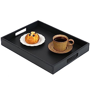HofferRuffer Rectangle Serving Tray with Hole Handles for Coffee Table, Breakfast, Tea, Food, Butler - Countertop, Kitchen, Vanity Serve Tray, 16.2 x 12.2 x 2 inches, Faux Leather Tray (Black)