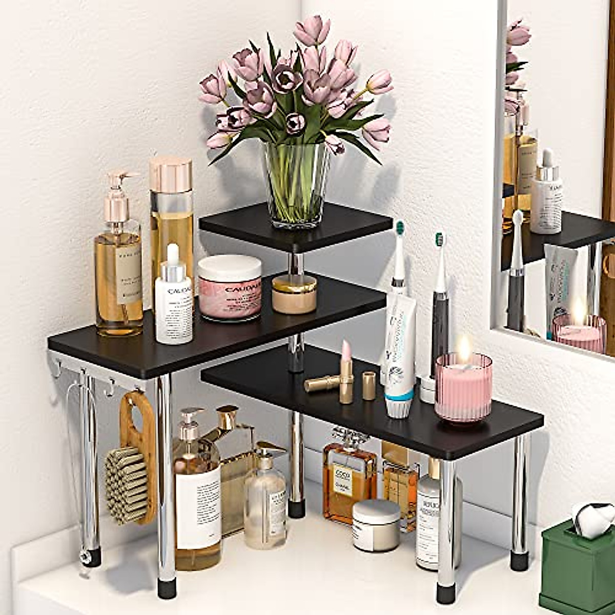 ZHWS Bathroom Counter Organizer Corner Shelf – Bathroom Organization Bamboo 3 Tier Spice Rack Makeup Organizer Bookshelf Space Saving Rack Kitchen Office Living Room, Black