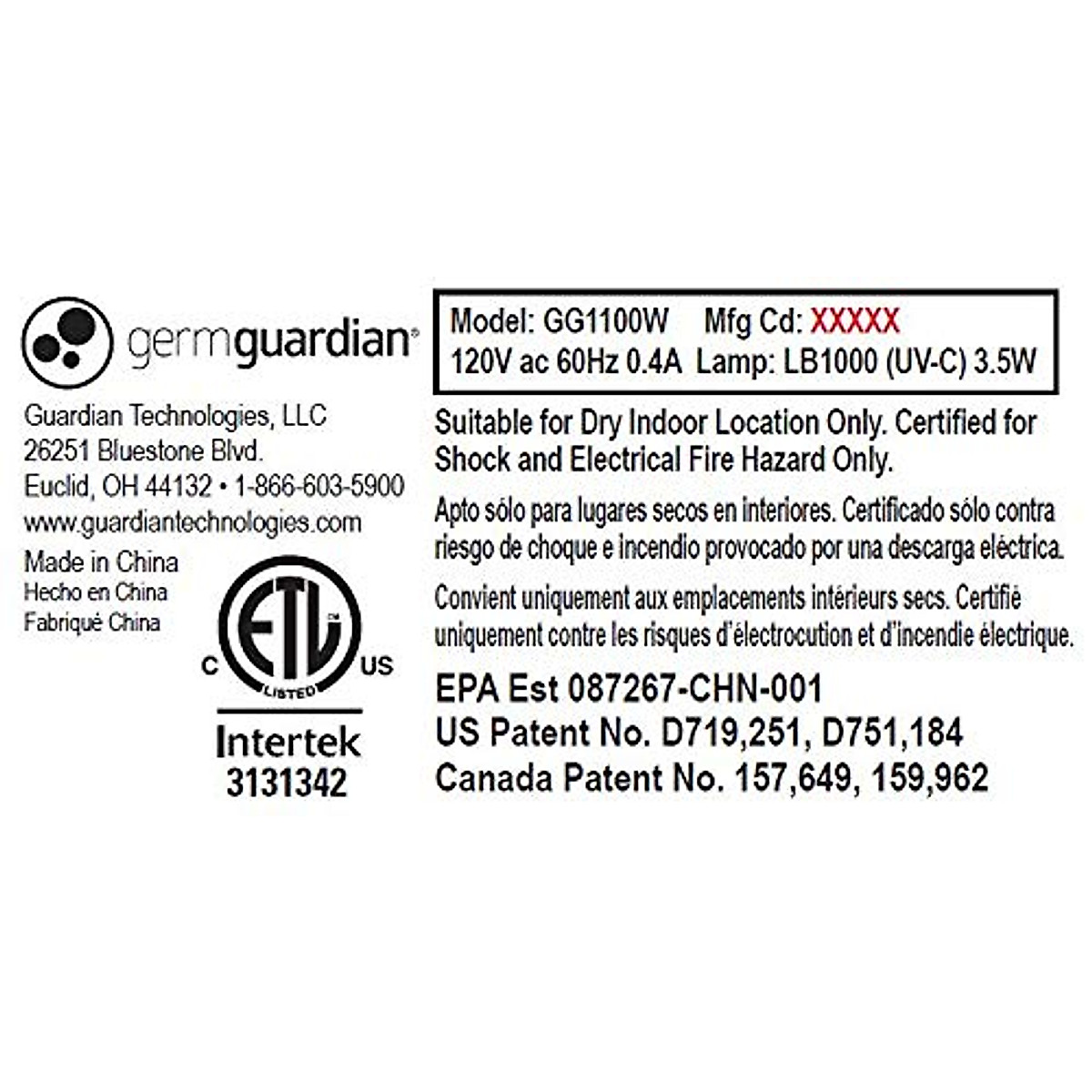 Germ Guardian GG1100W 7” Pluggable Small Air Purifier, Small Room Wall Air Sanitizer, Freshens Air, UV-C Light Kills Germs, Reduces Odors from Pets, Cooking, Mold, GermGuardian, 1-Yr Wty (White)