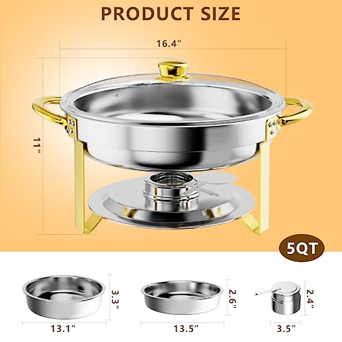 Halamine Chafing Dish Buffet Set, Round Chafers and Buffet Warmers Sets 4 Pack, 5Qt Stainless Steel Chafing Dishes for Buffet with Glass Lid, Food Warming Tray for Party, Dinners and Catering
