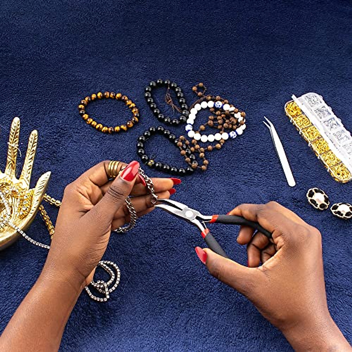 Anzlah Open Jump Rings and Lobster Clasps Jewelry Fixing Kit (1200 pcs Gold and Silver) with a Bent Nose Jump Ring Pliers, Tweezers, and a Jump Ring Opener (O Rings for Jewelry Making)