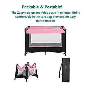 Dream On Me Zazzy Portable Playard with Bassinet in Pink, Packable and Easy Setup Baby Playard, Lightweight and Portable Playard for Baby with Mattress and Travel Bag