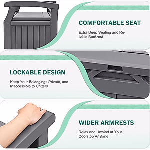 Greesum 70 Gallon Outdoor Storage Bench, Resin Patio Furniture with Armrest,Waterproof and Durable, Perfect to Garden, Poolside and Lawn,Grey