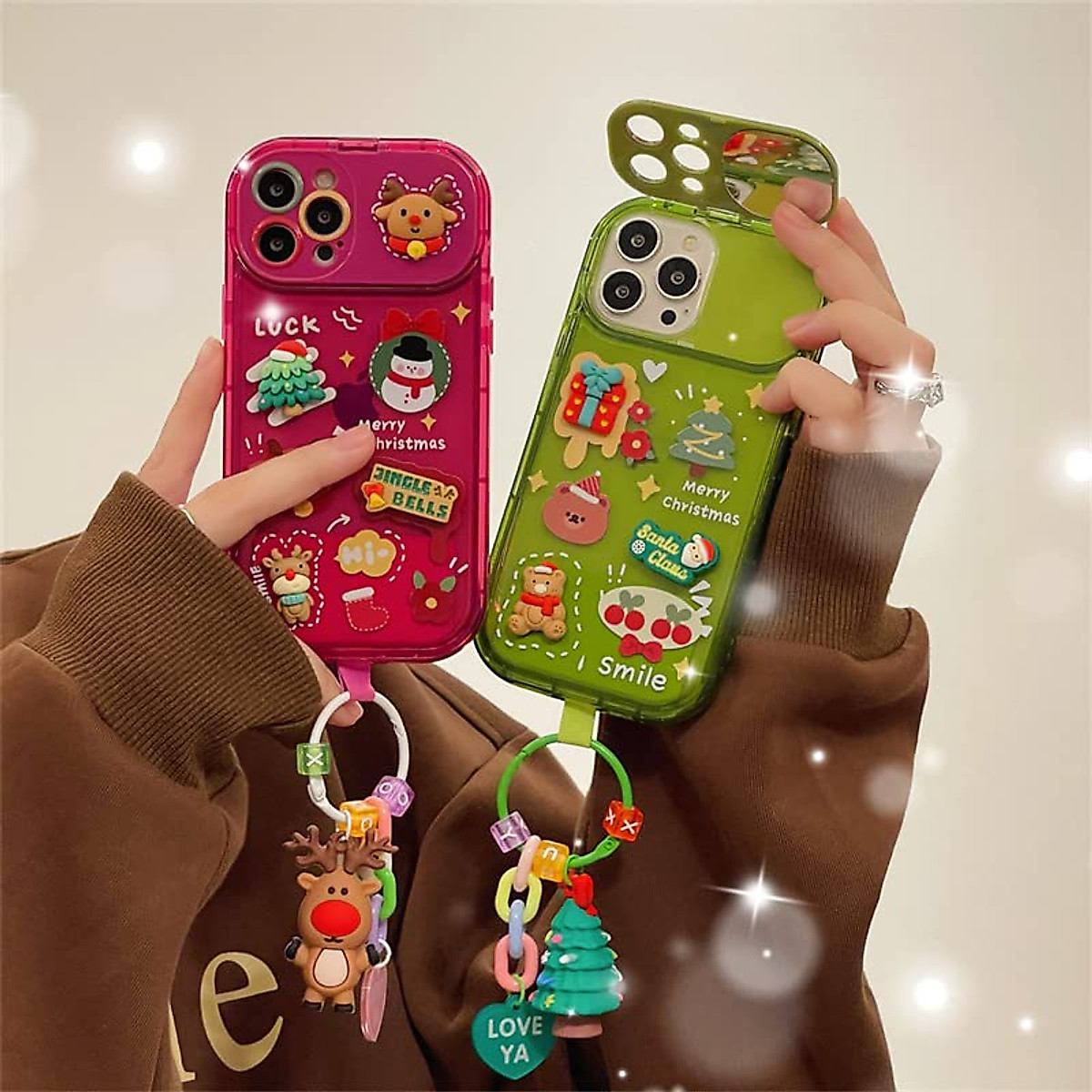 LELEBEAR Christmas Phone Case, Christmas Tree Pendant Flip Mirror Case Cover Suitable for iPhone 15 14 13 12 Series (Holiday red, 14PRO MAX)