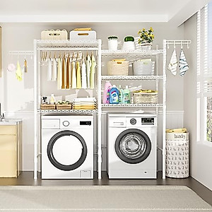 Ulif U6 Clothes Drying Rack, 5 Tiers Freestanding Over Washer and Dryer Laundry Room Storage and Organizer, Heavy-Duty Space Saver Shelf for Hanging Clothes and Towels, 65.3”W x 13.4”D x 77.5”H, White
