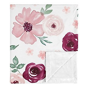Sweet Jojo Designs Burgundy and Pink Watercolor Floral Baby Girl Blanket Receiving Security Swaddle Newborn Toddler Nursery Soft Minky - Blush Maroon Wine Rose Green White Shabby Chic Flower Farmhouse