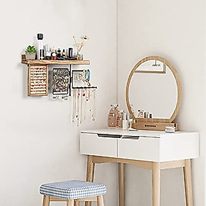 SOLIMINTR Hanging Jewelry Organizer Wall Mount Jewelry Holder with Rustic Wood Shelf, Ring Display Box, Ear Studs Earring Holder, Rotating Necklace Holder Organizer