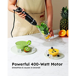 Sangcon Immersion Blender Handheld, 3-in-1 Hand Blender Electric, 400W Handheld Blender, Stainless Steel Blade Stick Blender with Whisk, Milk Frother Attachments - Black