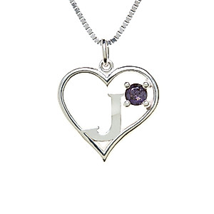 Arbach’s Icy Jewelry - Sterling Silver Box Chain Personalized Birthstone Pendant Statement Necklace - Heart & Letter (J)