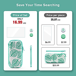 JINGDU Carrying Case Compatible with Nintendo Switch Lite, Hard Portable Protective Case, Storage Bag Accessories Include Screen Protector & Thumb Grips & Wrist Strap, Animal Crossing Leaf