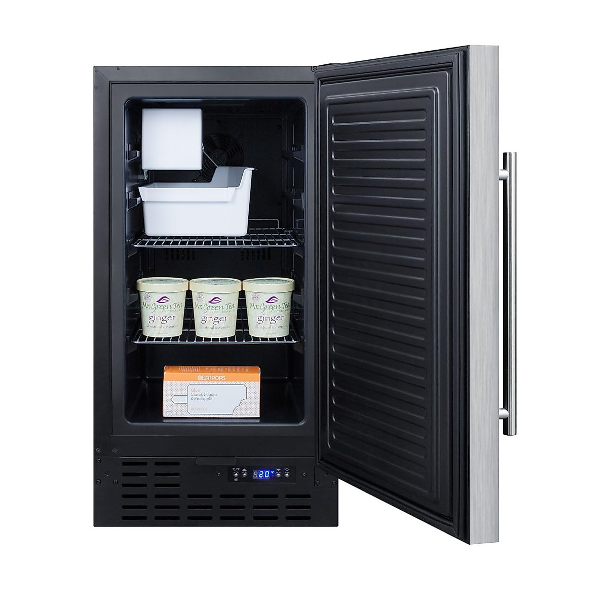 Summit Appliance BIM18SS 18" Wide Frost-Free Icemaker in for Built-in or Freestanding Use with Stainless Steel Door and Black Cabinet, Factory Installed Lock, Digital Thermostat, Digital Display