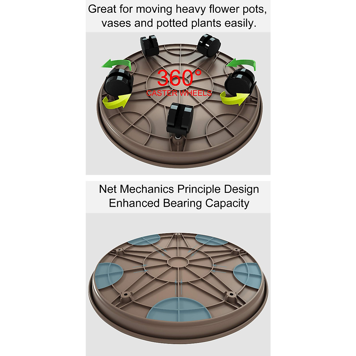 Amkoskr 2 Pack 15.5" Brown Plant Caddy with Easy Moving Caster Wheels Round Movable Planter Dolly Trolley Tray Pallet Outdoor Indoor Tree Flower Stand Planter