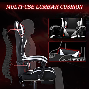anjsindra Gaming Chair with Footrest Ergonomic Video Game Chairs Adjustable Headrest Lumbar Support High Back PU Leather Racing Style Office Computer Chair for Adults (Black+White)