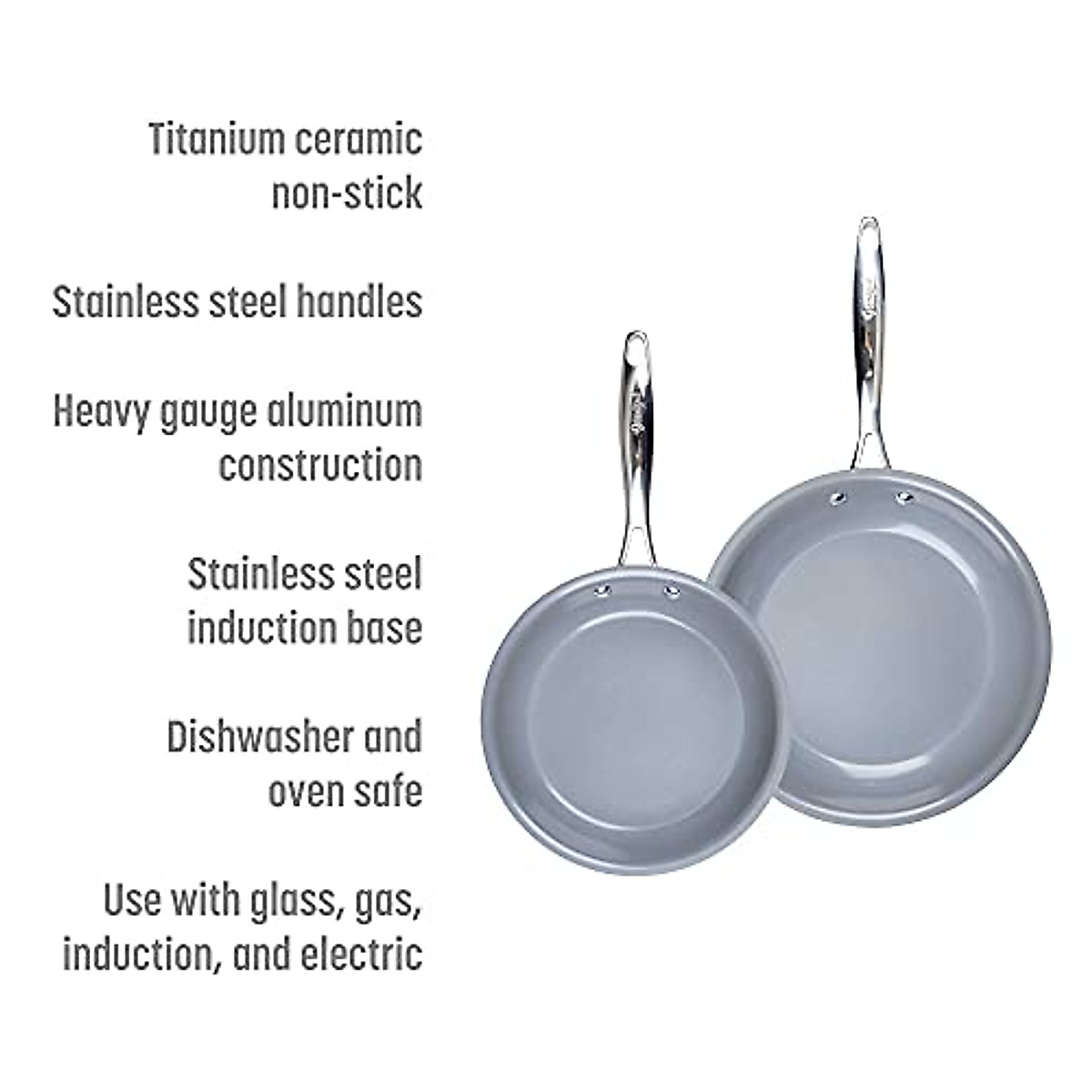 Goodful Ceramic Nonstick 2 Piece Frying Pan Set, 8 Inch and 9.5 Inch Skillets, Dishwasher Safe Pots and Pans, Comfort Grip Stainless Steel Handle, Made without PFOA, Gray