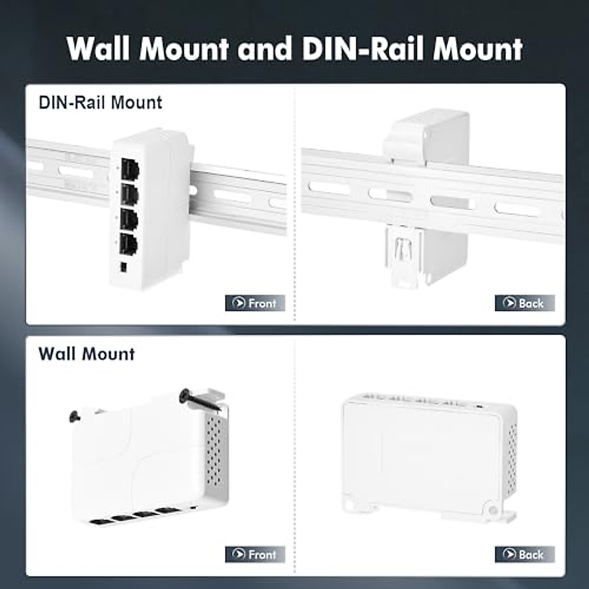 PoE Passthrough Switch, 1 PoE in 3 PoE Out Extender, IEEE802.3af/at PoE Powered, 100Mbps Ethernet, din-Rail & Wall Mount