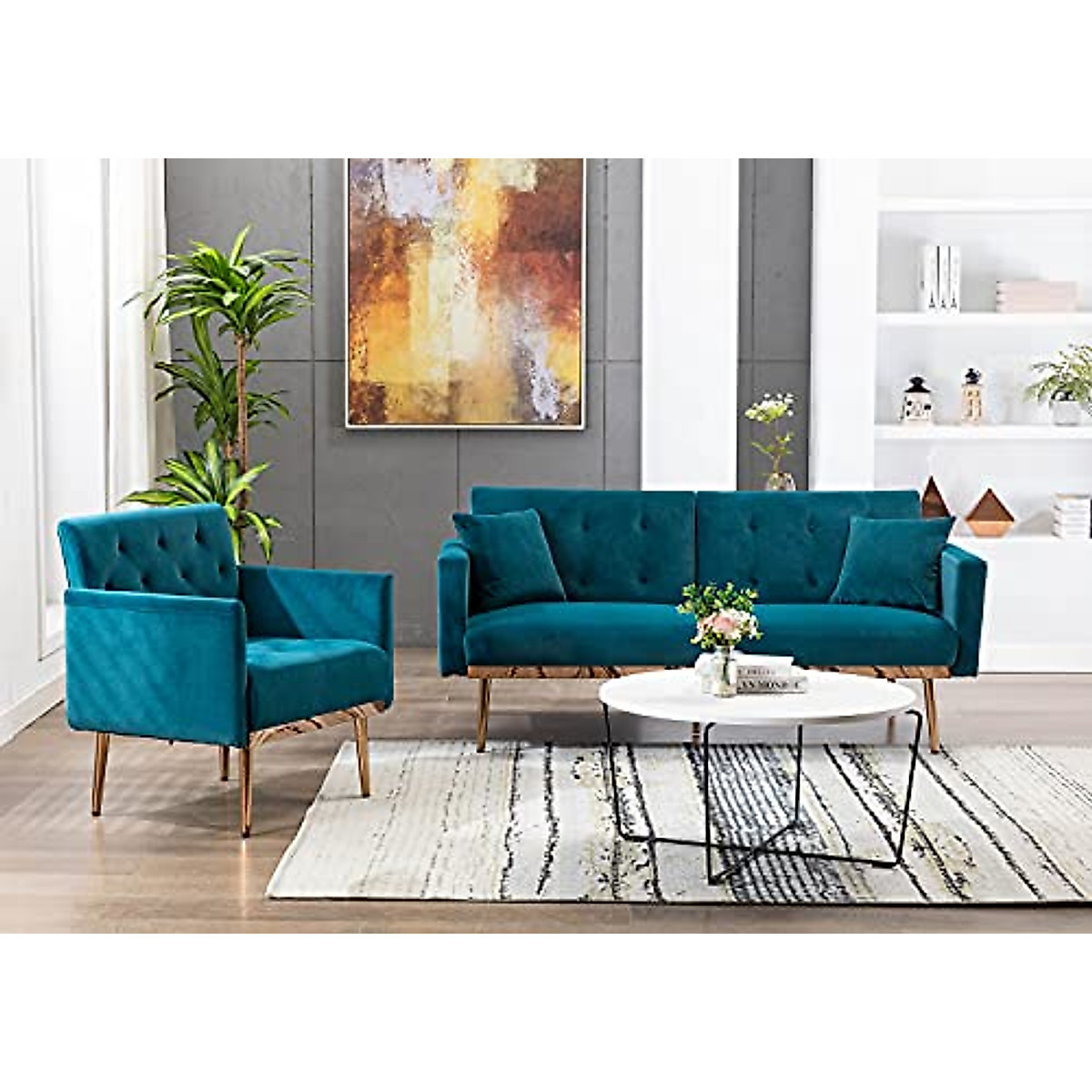 SLEERWAY Velvet Futon Sofa Bed with 5 Golden Metal Legs, Sleeper Sofa Couch with Two Pillows, Convertible Loveseat for Living Room and Bedroom, Teal