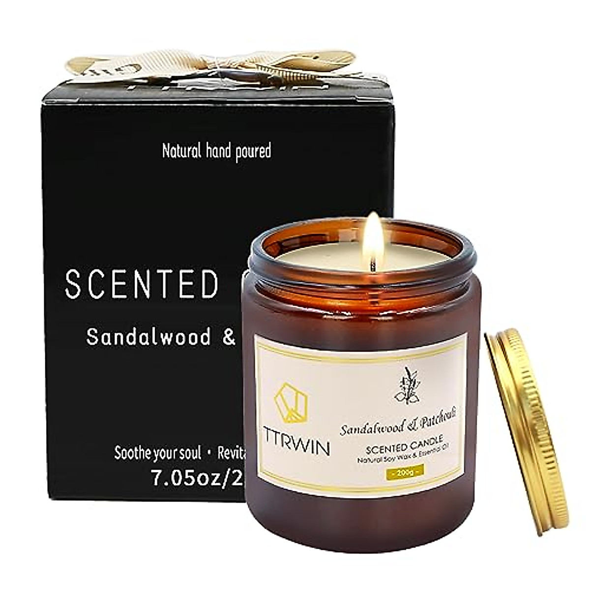 TTRWIN Sandalwood & Patchouli Scented Candle, 50H Long Burning, 200g Natural Soy Wax, Wood Fragrance Glass Jar Candle, Aromatherapy Gift for Mother's Day, Housewarming