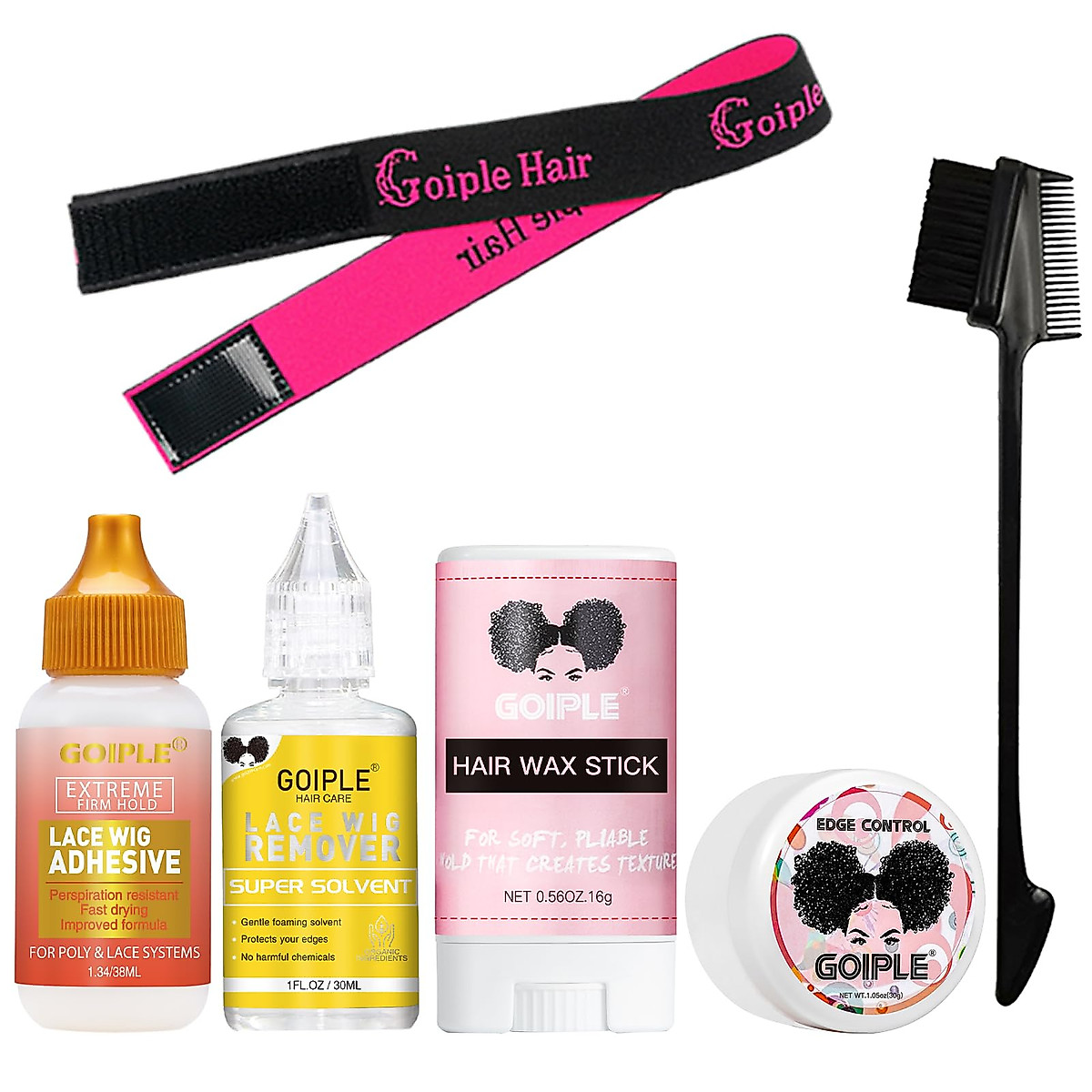 Wig Glue Lace Glue Waterproof Lace Front Wig Glue for Wigs with Tools and Hair Wax Stick (Wig Glue/Wig Glue Remover/Hair Wax Stick/Edge Control Wax/Wig Band/Hair Dual Drush)