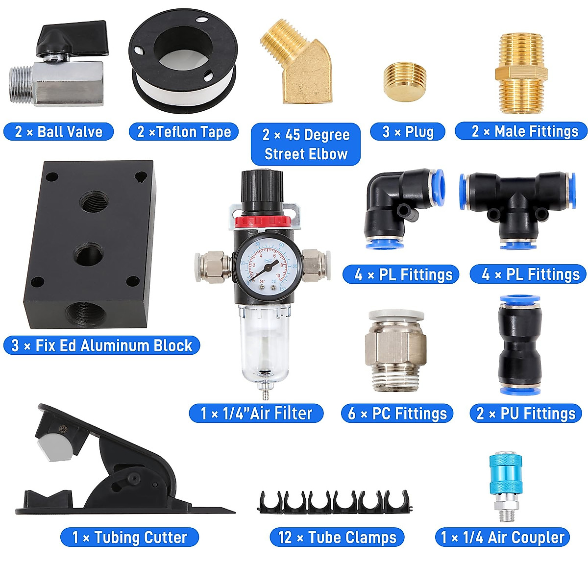 Shop Air Line Kit,Blue 1/2 Inch 100ft PU Air Tubing Kit, Hose Air Line TubingOr Fluid Transfer Pneumatic tubing with Push to Connect Fittings