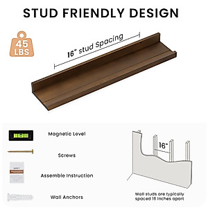 Acovy Floating Shelves for Wall, 24 inch Solid Wood Picture Ledge Shelf, Picture Shelf for Wall with Ledge, Floating Book Shelves for Living Room Bedroom Kitchen Nursery Decor, Walnut, Set of 2