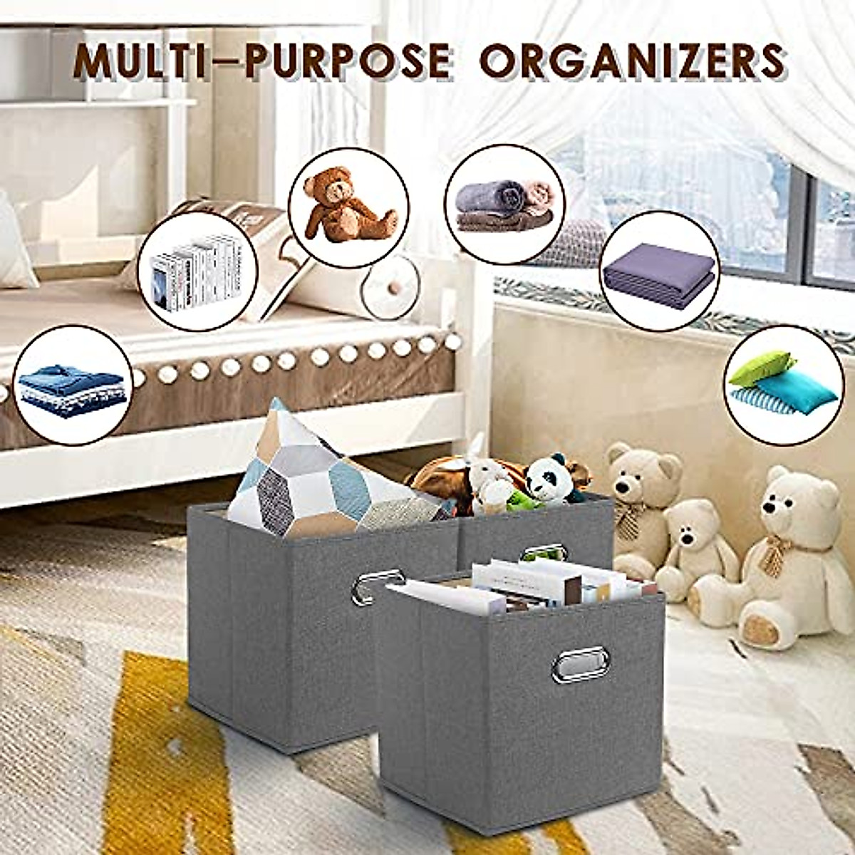 Storage Cubes, 11 Inch Cube Storage Bins (Set of 3), Fabric Collapsible Storage Bins with Dual Handles, Foldable Cube Baskets for Shelf, Closet Organizers and Storage Box (Beige)