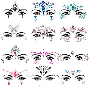 SIQUK 12 Sets Face Jewels Mermaid Face Gems Face Rhinestone Temporary Tattoos Crystal Tears Gems Stones for Race Carnival Festival Party